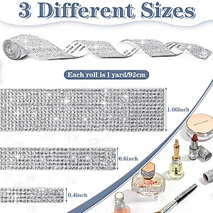 Cludoo 3 Rolls Rhinestone Ribbons, Silver Self Adhesive Rhinestone Strips, Diamond Rhinestone Roll Rhinestone Tape Bling Wrap, Bling Stickers Rhinestones for Crafts Decoration Car DIY Wedding Party