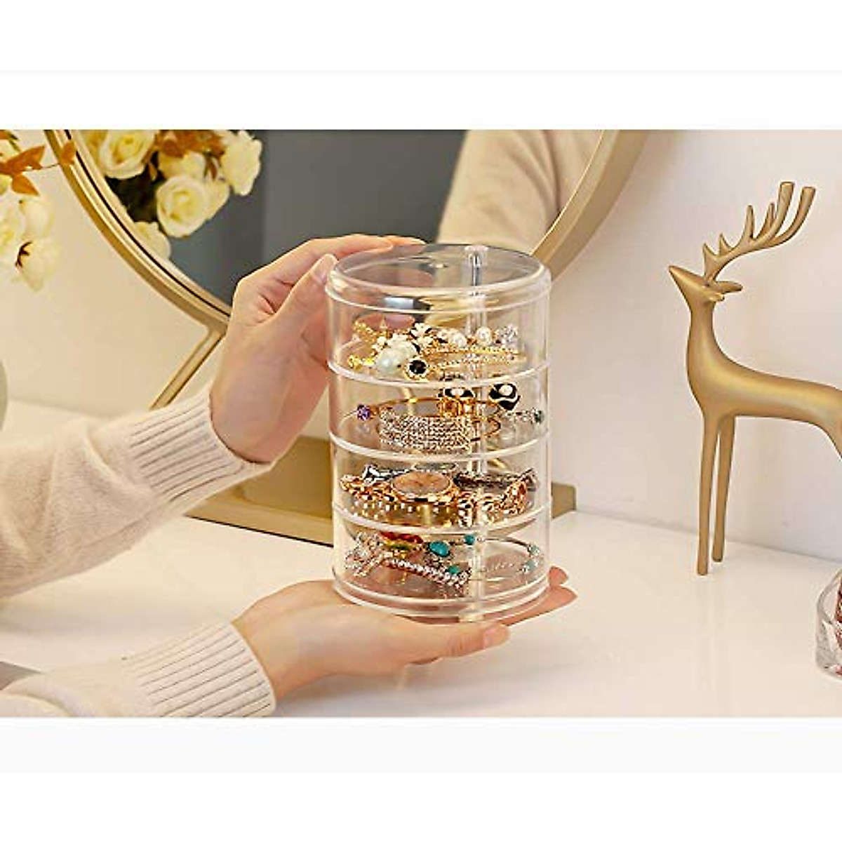 Stratalife Hair Accessories Organizer Acrylic Jewelry Organizer Hair Tie Container Small Jewelry Box 4 Layers Storage Box Hair Accessory Container Rotatable Organizer Drawer for Women Girls