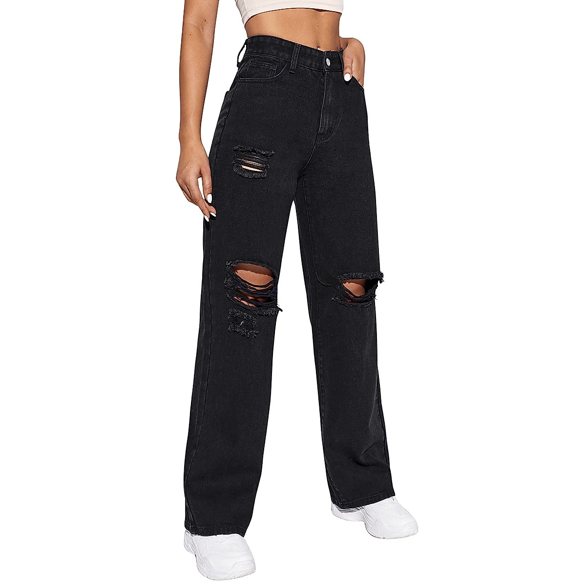 SweatyRocks Women's High Waist Slant Pocket Denim Jeans Ripped Straight Leg Pants Plain Black M