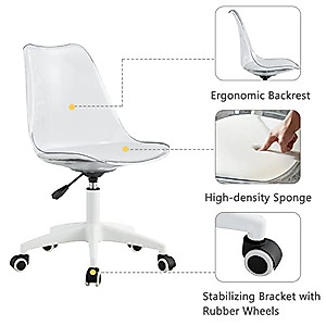 Acrylic Clear Desk Chair Rolling Office Chair with Cushion Armless Swivel Vanity Chairs Plastic Adjustable Height Home Office Desk Chairs with Wheels Modern Ghost Chair for Adult,(White)