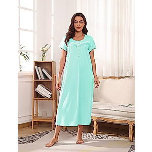 MZROCR Cotton Women Nightgowns Lightweight Soft Night Gowns for Adult Women Short Sleeves Sleepshirts Ladies Long Sleepwear Aqua Green
