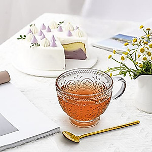 Bekith Set of 4 Glass Coffee Mugs 13 Ounces, Vintage Glass Coffee Mugs with Spoons, Clear Embossed Glass Cups Set for Cappuccino, Latte, Cereal, Yogurt, Tea, Beverage Hot/Cold