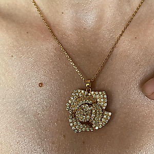 Fashion Jewelry designer celebrity camellia flower charm rhinestone full crystal pendant necklace for women (Gold)