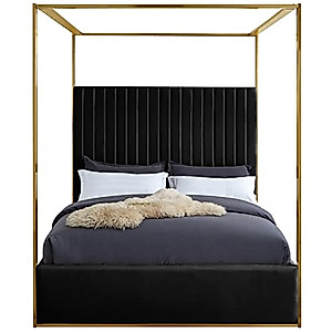 Meridian Furniture JonesBlack-K Jones Collection Modern | Contemporary Upholstered King Bed, Black Velvet, Channel Tufting, Brushed Brass Frame, 82.5" W x 86.5" D x 79" H, Black, King