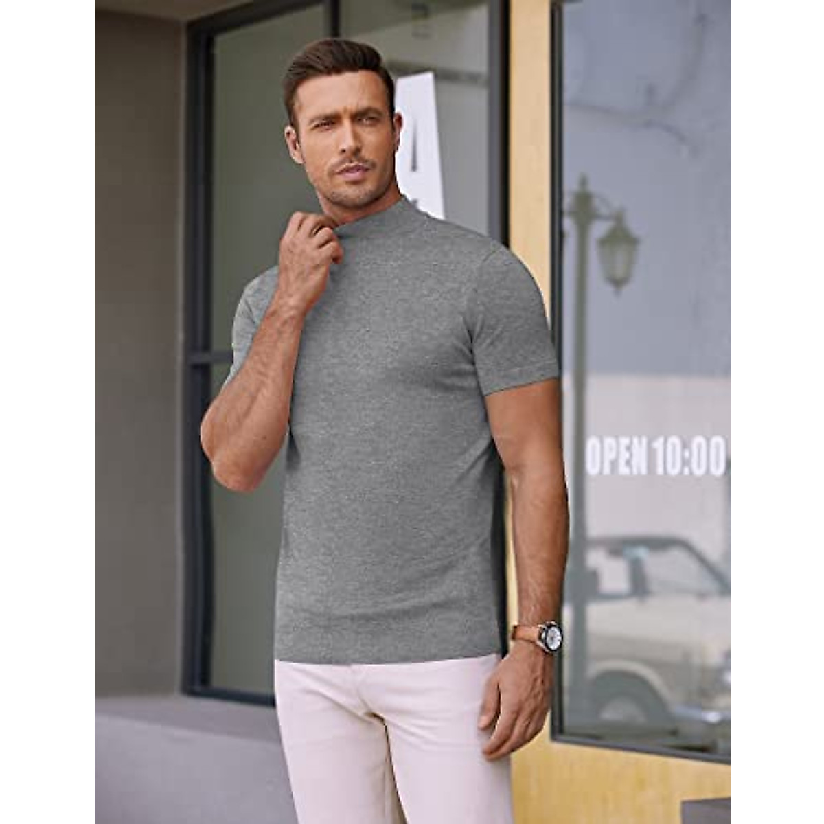 COOFANDY Mens Grey Mock Turtleneck Tops Short Sleeve Knitted T-Shirts Basic Thermal Pullover Sweater X-Large