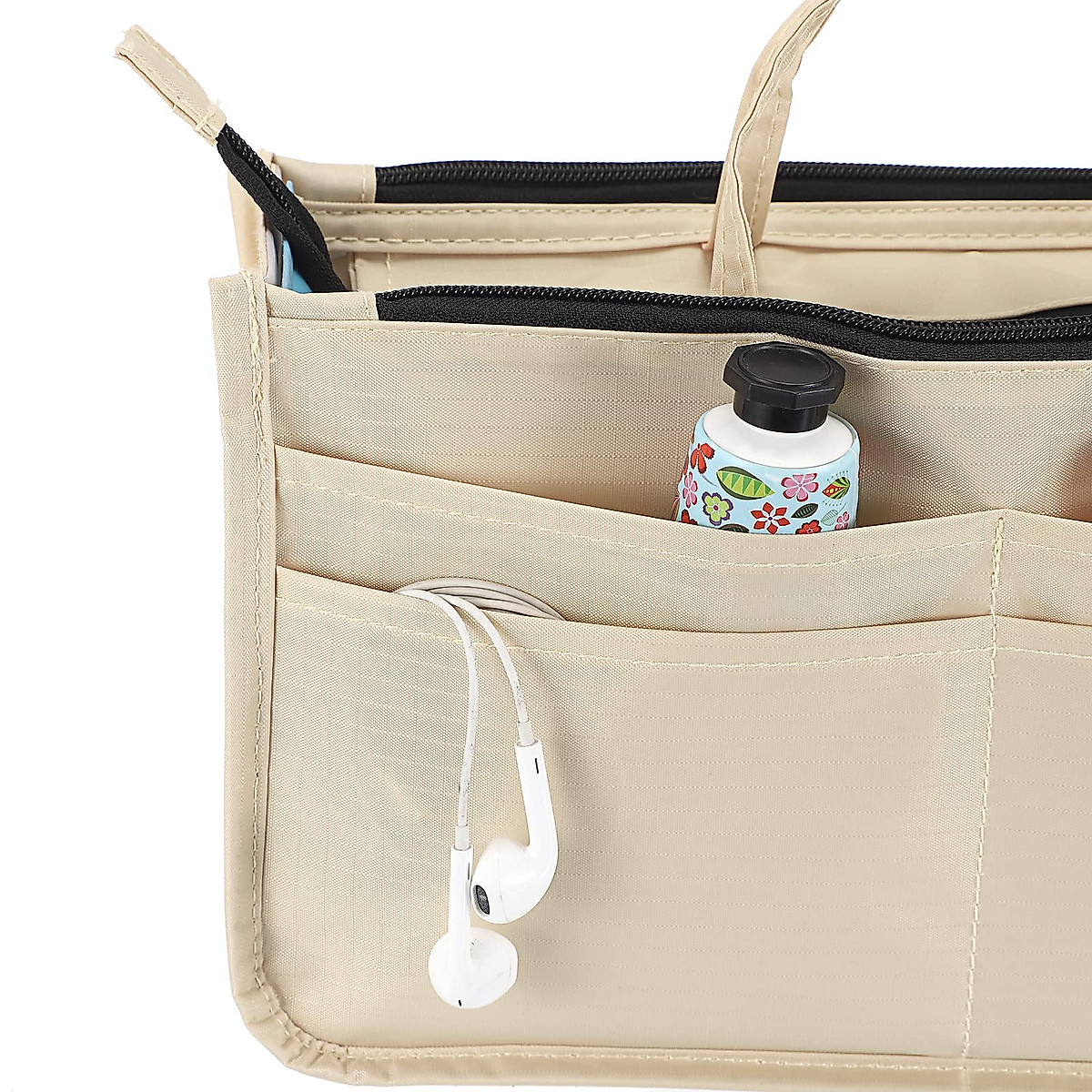 BTSKY Printing Handbag Organizers Inside Purse Insert - High Capacity 13 Pockets Bag Tote Organizer with Handle Beige