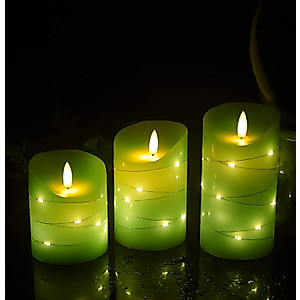 Green LED flameless Candle with Embedded Starlight String, 3 LED Candles, 10-Key Remote Control, 24-Hour Timer Function, Dancing Flame, Real Wax, Battery Powered. (Grass Green)