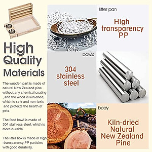 Rabbit Hay Feeder with Litter Box and Bowls, 3 in 1 Wooden Feeder Toilet Combo Feeding Manger for Small Pets Guinea Pig Bunny Hamster, Hay Rack Litter Pan Bowls Stand Plastic Box 2 Bowls, Kiln-Dried