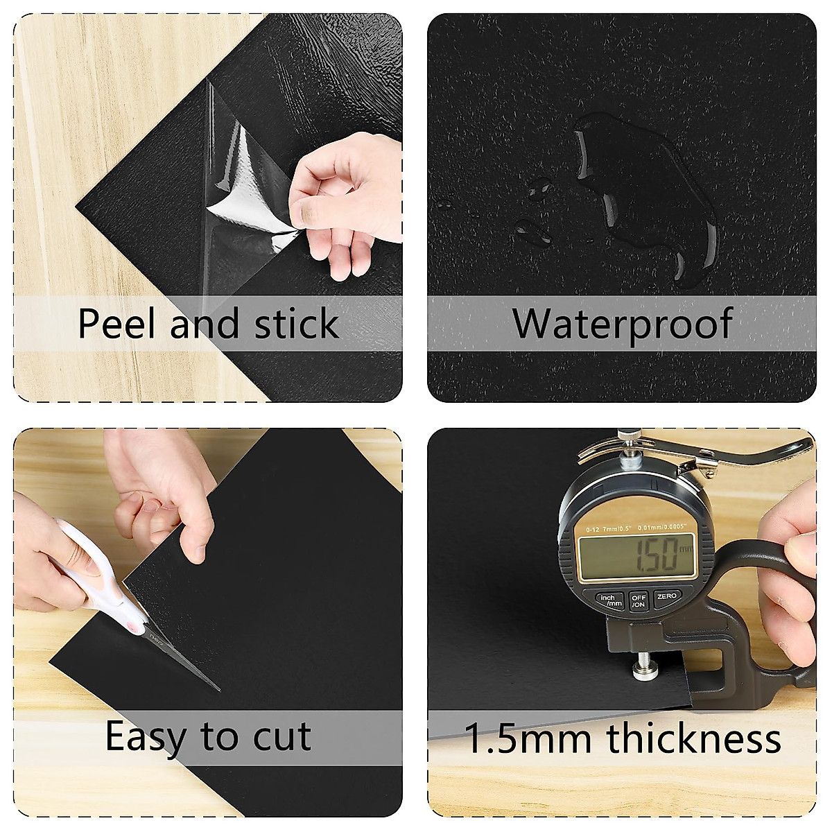 Pure Black Floor Tiles Peel and Stick Vinyl Flooring for Bathroom Kitchen 5PCS Self Adhesive Vinyl Flooring Tile Waterproof Stick and Peel Garage Floor Tiles Stick on Tiles 12''x12'' Floor Stickers