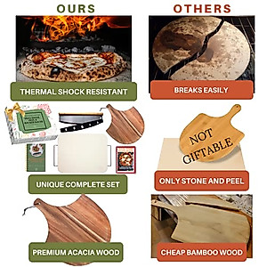 Ritual Life Pizza Stone for Oven and Grill with Wooden Pizza Peel Paddle & Pizza Cutter Set - Detachable Serving Handles - BBQ Grilling Accessories - Baking Supplies - 15 inch x 12 inch Large Stone