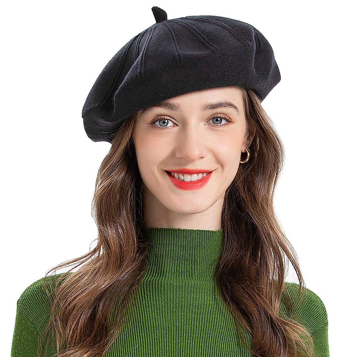 ZLYC French Beret hat, Reversible Solid Color Cashmere Knit Warm Beret Cap for Womens Girls (Black)