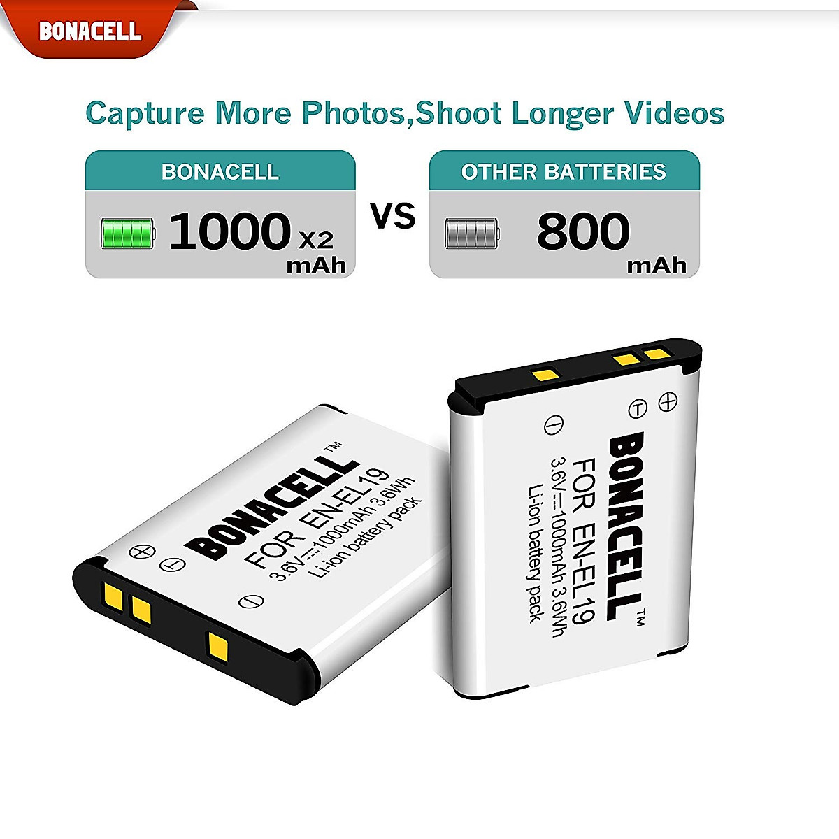 Bonacell EN-EL19 Battery(2 Pack) and Charger Compatible with Nikon Coolpix S32, S33, S100, S2800, S3100, S3200, S3300, S3500, S3600, S4100, S4200, S4300, S5200, S5300, S6500, S6600 S6800 S6900 S7000