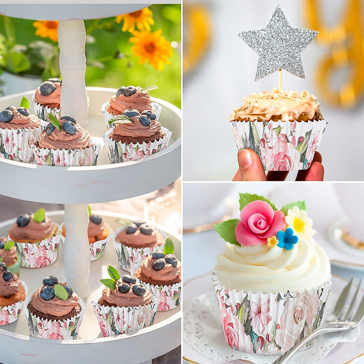 300 Counts Floral Cupcake Liners Floral Cupcake Wrappers Baking Cups Baking Liners Holders for Baby Shower Wedding Bridal Showers Birthday Party Decorations
