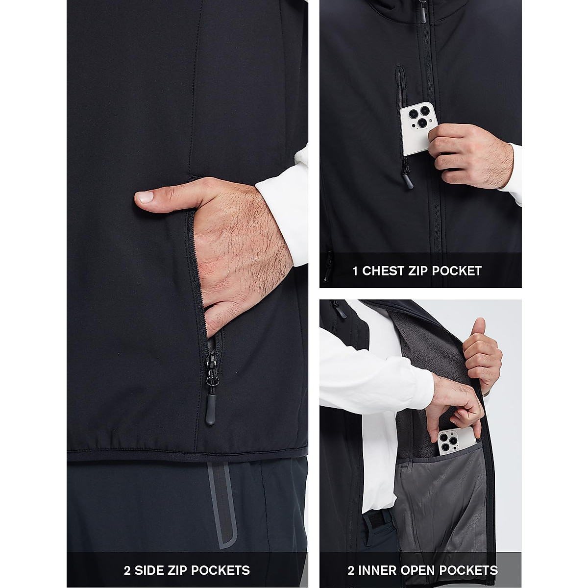 fit space Men's Lightweight Vest Softshell Sleeveless Windproof Jacket with Zipper Pcoket Cycling Travel Hiking Running Golf (Black, Large)