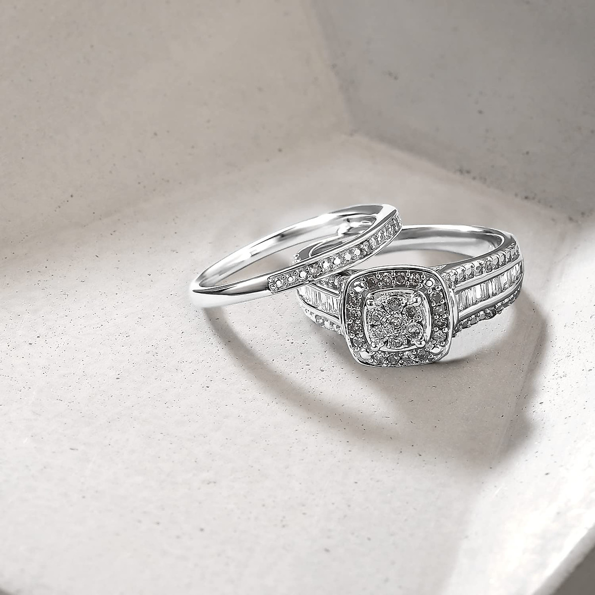 Cali Trove, 1/3cttw Baguette and Diamond Cluster Square Halo Engagement Ring with Matching Diamond Wedding Band for Women in 925 Sterling Silver, Women's Silver Square Halo Wedding Ring Set with