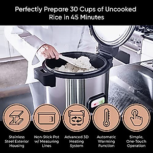 Commercial Stainless Steel Rice Cooker - Professional 60 Cup Cooked (30 Cup Uncooked) Rice Maker Cooker With Non Stick Pot & Hinged Lid - Includes a Rice Measuring Cup & Rice Scoop