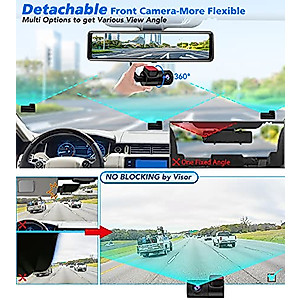 PORMIDO Mirror Dash Cam 12" with Detached Front Camera,Anti Glare Full Touch Split Screen HD 1296P,Car Backup Rear View Mirror Camera Dual Lens with Sony Sensor,Super Night Vision,Parking Assistance