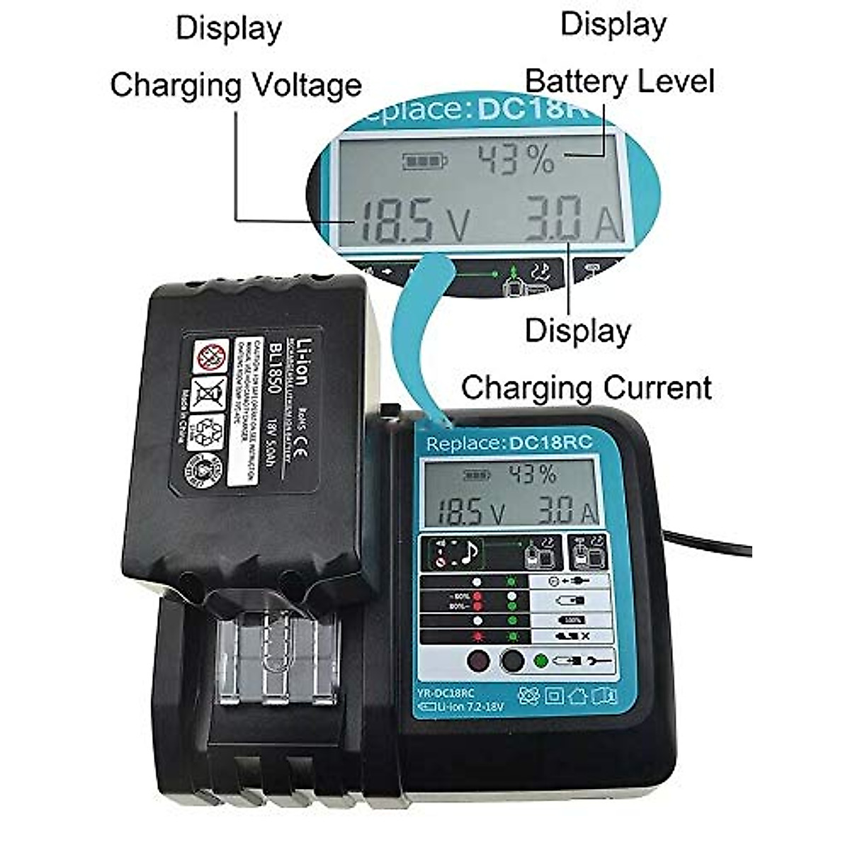 2X BL1850B 18V 5,0Ah Replacement for Makita Battery with DC18RC Charger, Compatible with Makita BL1860B BL1830B, for Makita DLM431Z DUC353Z DUB362Z DHP485 DDF485Z DHP482Z DDF484Z
