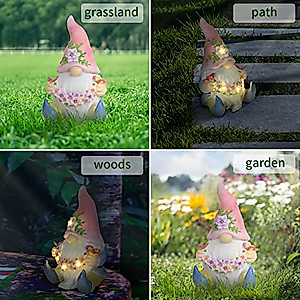 Sinhra Garden Gnome Statue,Resin Gnome Figurine Holding Butterfly with Solar LED Lights, Outdoor Statues Garden Decor for Patio Yard Lawn Porch, Gardening Gifts