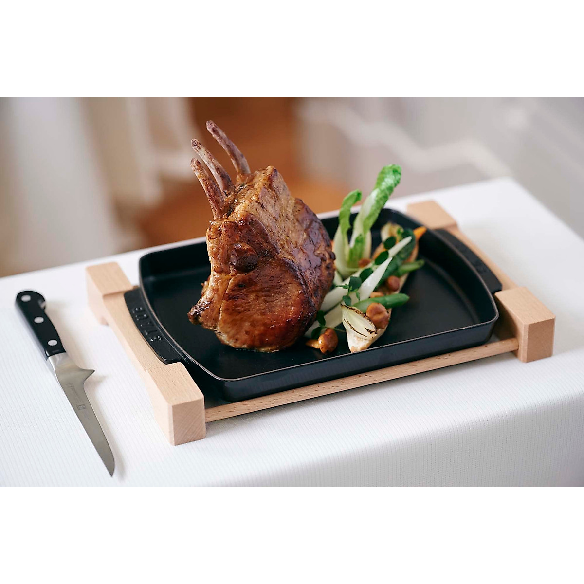 Staub Cast Iron 13 x 9-inch Rectangular Serving Dish with Wood Base - Matte Black, Made in France