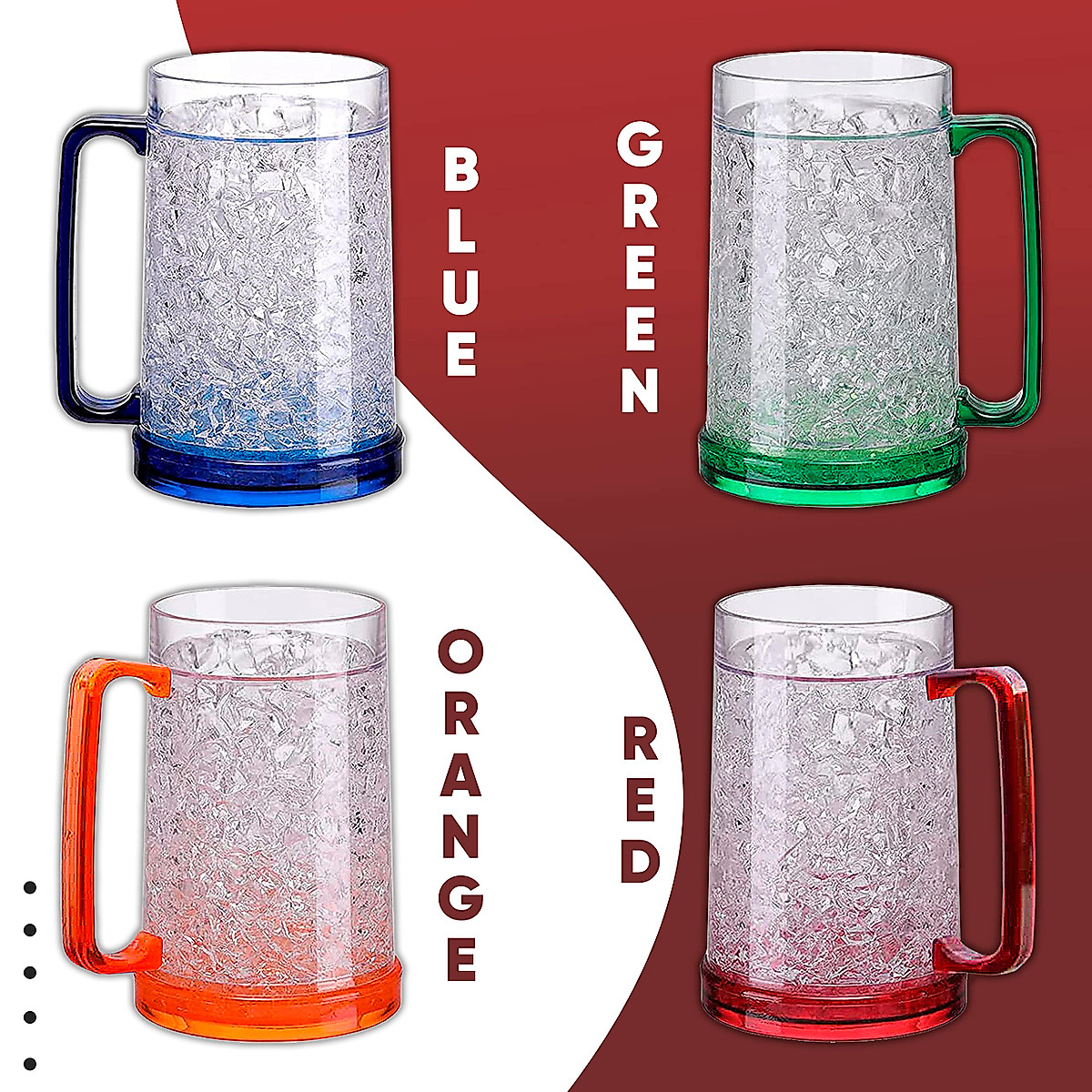 Beer Mugs with Gel Freezer 16 oz, Double Walled Beer Mugs with Handles, Color Handles Set Of 4