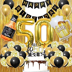 50th Birthday Decorations Men, Black and Gold 50th Birthday Balloons, Banner and Birthday Cake Topper, Happy 50 Birthday Decorations for Men