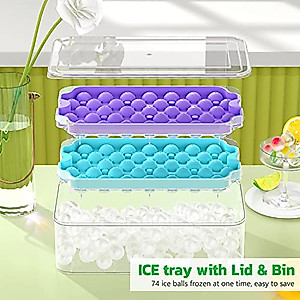 Upgrade Round Ice Cube Tray with Lid & Bin, TINANA Silicone Ice Ball Maker for Freezer, Easy Release Circle Ice Cube Tray with Container Make 74 Mini Ice Balls for Chilling Whiskey, Cocktail, Coffee