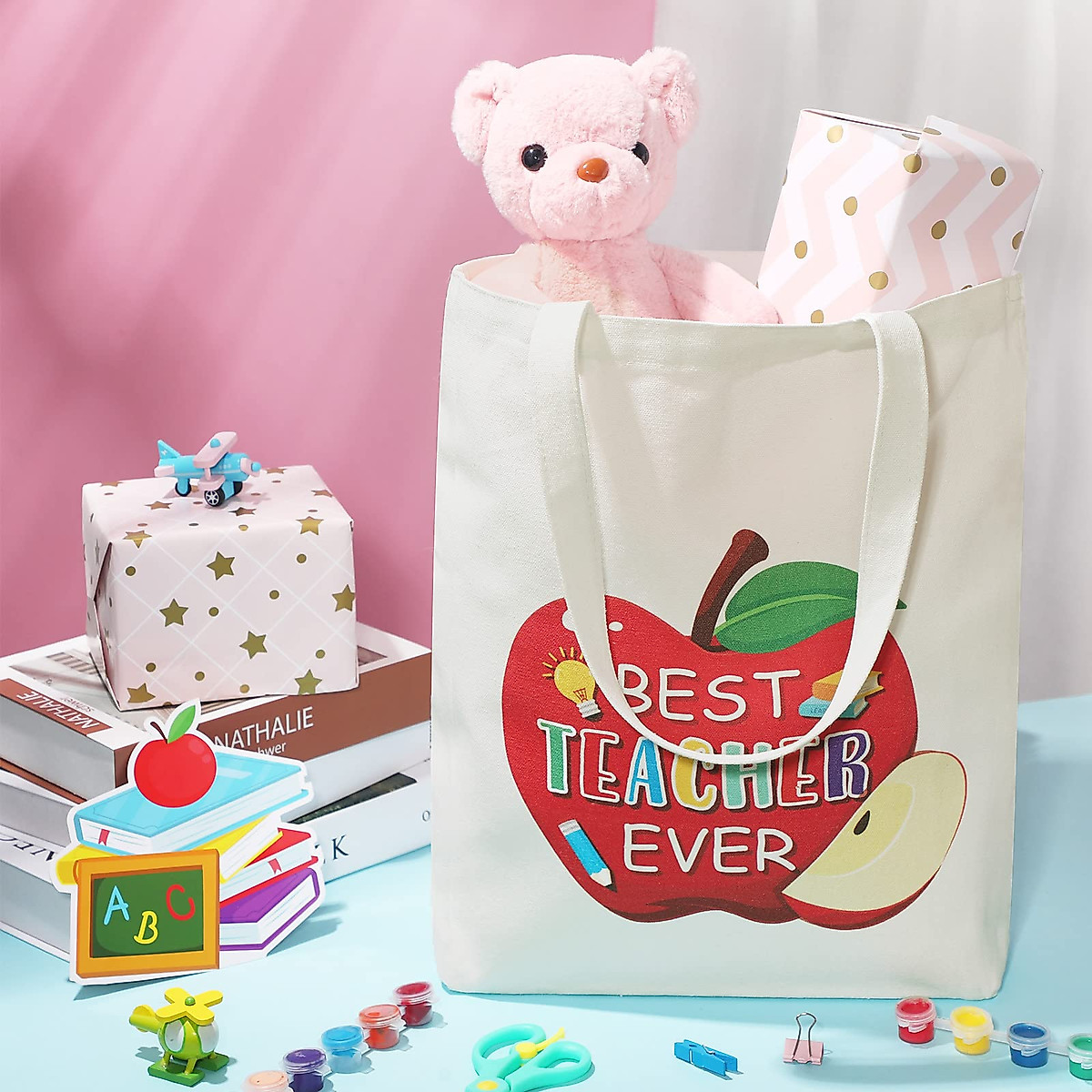 Capoda 8 Pack Christmas Appreciation Gifts for Teachers Canvas Tote Bags Retirement Teacher Appreciation Gifts(White)