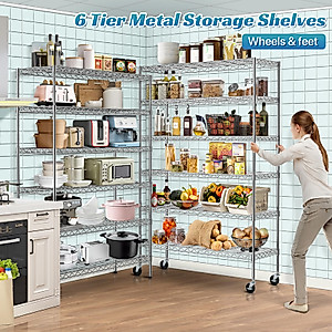 YRLLENSDAN 6-Tier Steel Storage 2100Lbs Capacity Wire Shelving W/Wheels Heavy Duty Metal Shelves Adjustable Steel Shelving Shelving Rack for Kitchens garages,18"x48"x82", Chrome