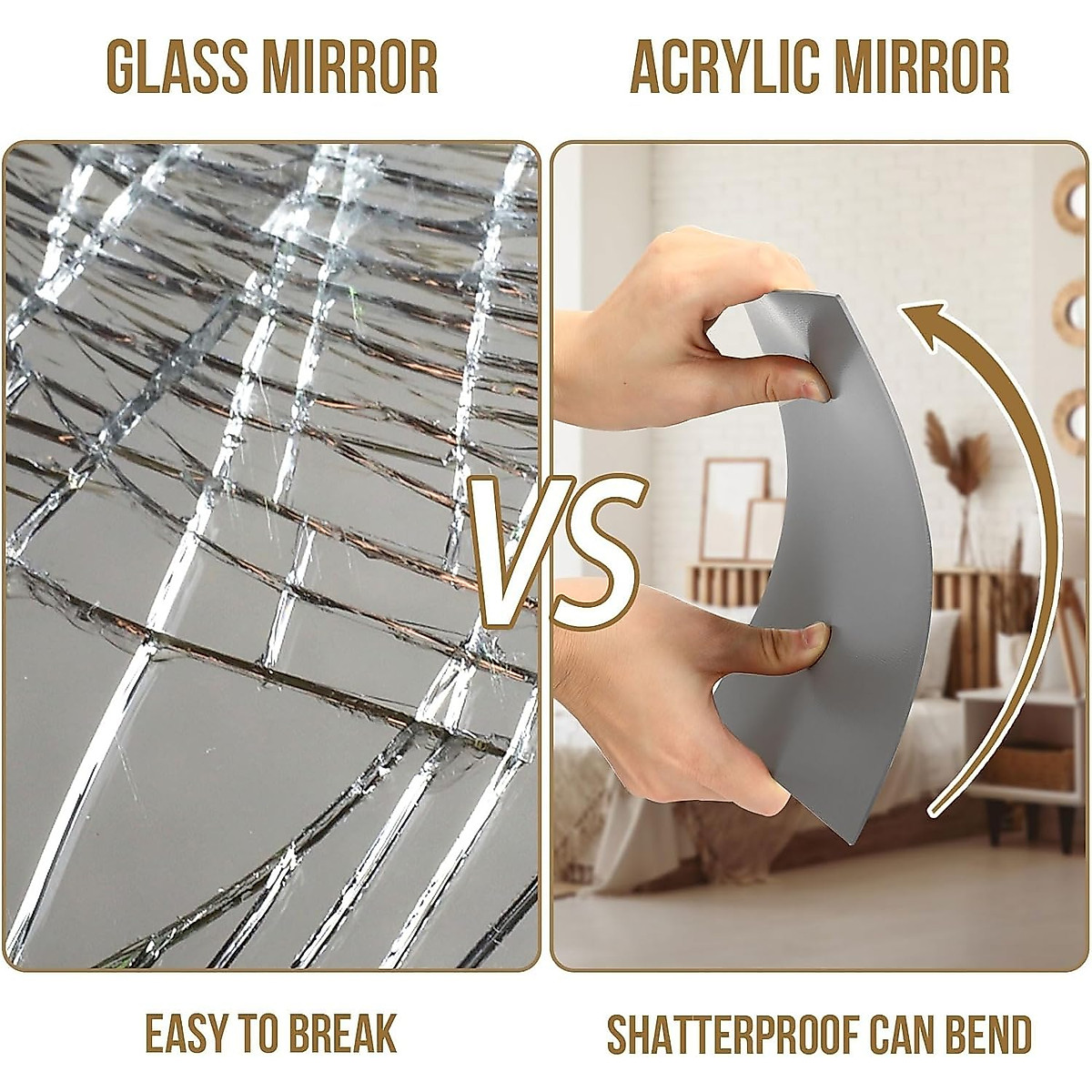 JUNEBRUSHS 4 Pack Self Adhesive Acrylic Mirror, 8 x 8 Inch Mirror Tiles,Flexible Plastic Mirror Sheets Wall Stickers,2MM Thick Mirror,Frameless Small Mirror