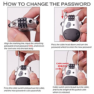 Hometu Cartoon Combination Cable Lock - Retractable Steel Cable Bike Lock with 3-Digit Password Resettable for Bicycle Travel Outdoor Silver 1Pc/Set