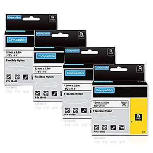 Aonomi Compatible Industrial Label Tapes Replacement for DYMO 18488 Flexible Nylon Label for DYMO Industrial Rhino 4200, 5000, 5200, 6000 Label Maker Black on White 1/2'' x 11.5' (12mm x 3.5m), 4-Pack