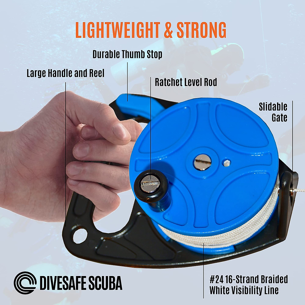 DiveSafe Scuba Diving Reel with Thumb Stopper and High Visibility White Line (150ft', 270ft') - for Cave and Wreck Exploration, Recreational Diving and Spear Fishing (270ft)