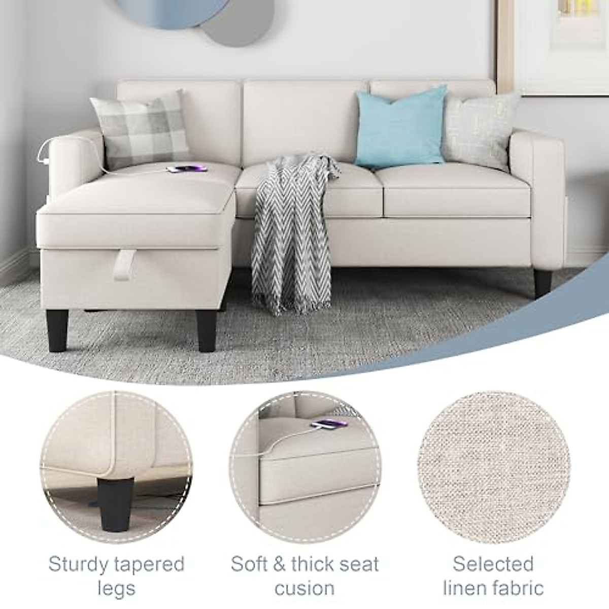 Sunrise Coast Sectional L Shaped Living Room Modular USB+Type-C Charging Port 3 Seater Couches with Removable Storage Ottoman Small Sofa 78", Beige