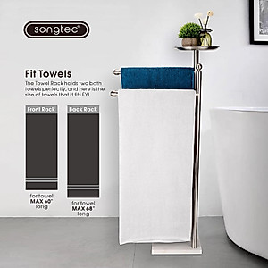 Songtec Towel Rack Stand for Bathroom, 2-Tier Towel Holder Stand for Bath Towels Max to 68” & 60” Long, Practical Shelf on Top for Phone, Shampoo, Body Wash