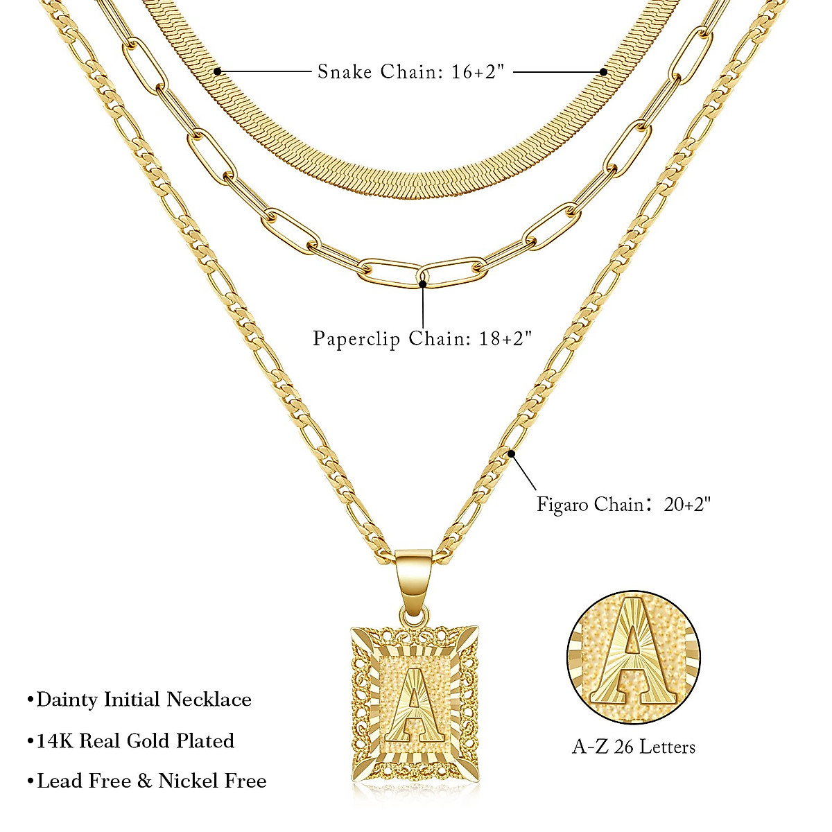 KissYan Gold Layered Initial Necklace Set for Womens, 14K Gold Plated Letter A Pendant Necklace Paperclip Snake Choker Alphabets from A-Z Figaro Chain Necklace Jewelry Gift