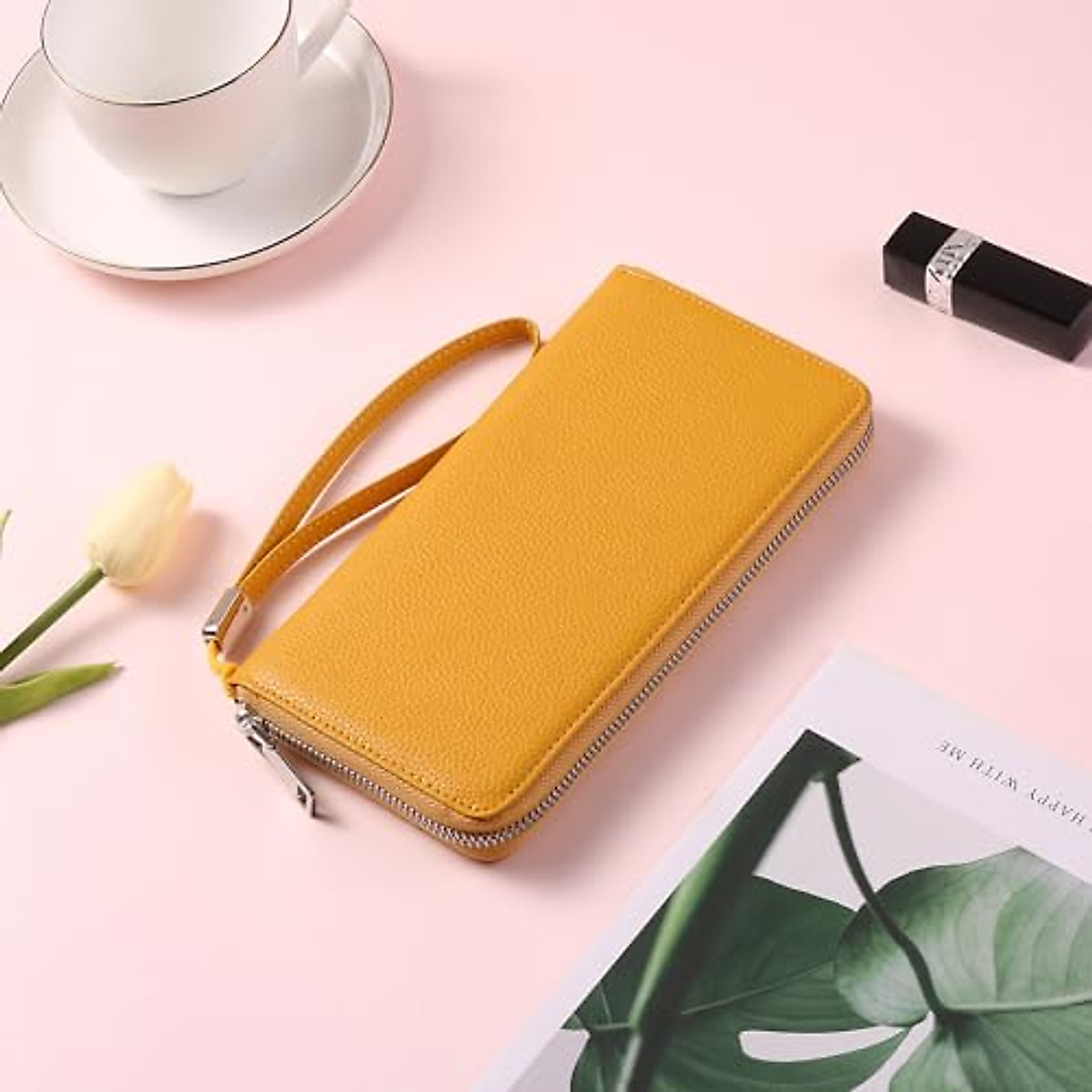GOIACII Womens Wallet RFID Blocking Leather Zip Around Wallet Large Capacity Long Purse Credit Card Clutch Wristlet