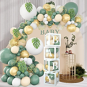 Sage Green Baby Shower Decorations - 4pcs Baby Boxes with Letters for Baby Shower,117pcs Sage Green and White Balloon Arch Kit for Safari Baby Shower Decor,Woodland Birthday Party Decorations