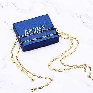 RWQIAN 18k Gold Dainty Oval Link Paperclip Chain Necklace Set for Women and Girls (18K Gold)
