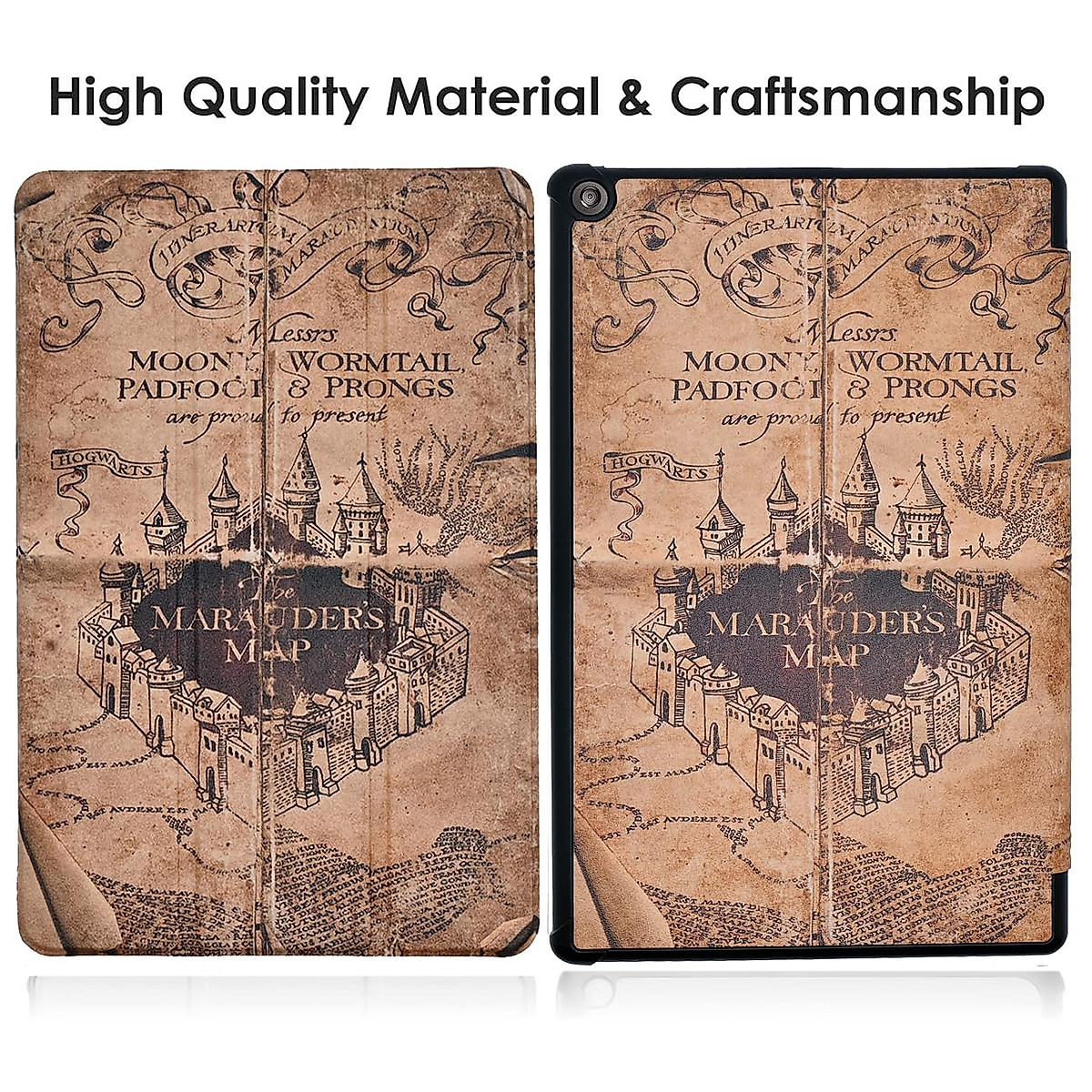 Case for Amazon Fire HD 10 Tablet 7th / 9th Generation 2017/2019 Release, PU Leather Folding Stand Cover Backshell with Auto Wake/Sleep, Marauder's Map Vintage