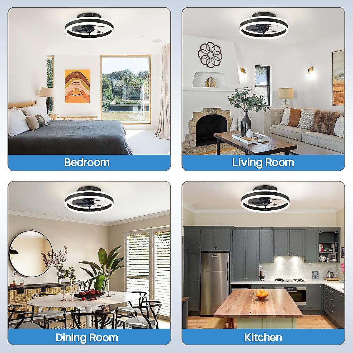 GOSONKT Low Profile 15.7" LED Small Ceiling Fan with Light - Modern, Semi-Enclosed Flush Mount, Smart APP & Remote Control, 6-Speeds, Black - Perfect for Bedroom and Living Room