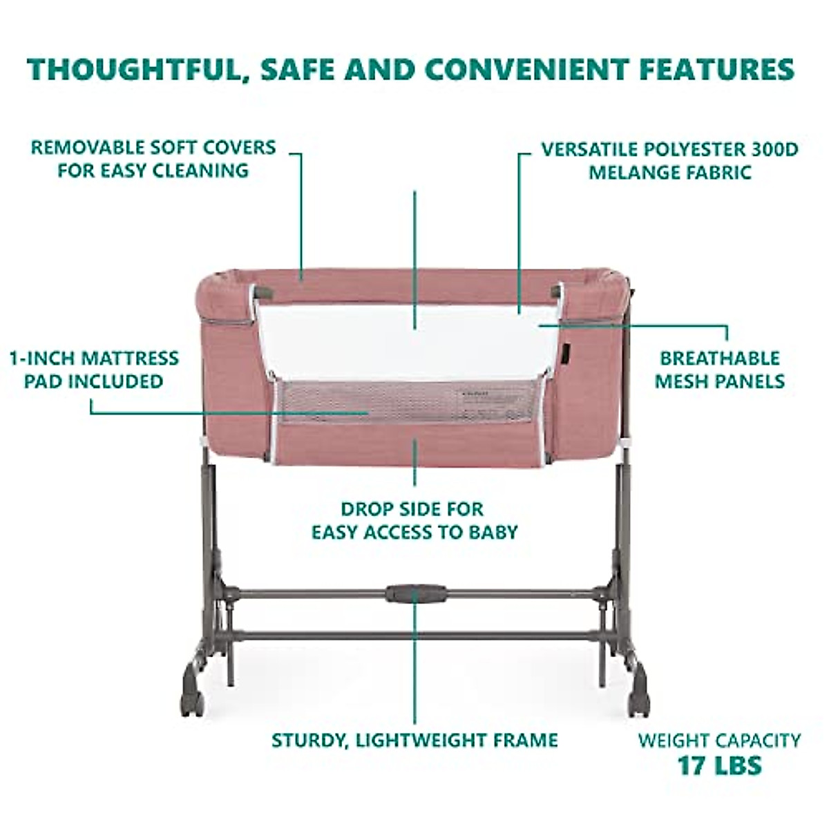 Dream On Me Zimal Bassinet and Bedside Sleeper in Pink, Lightweight and Portable Baby Bassinet, Breathable Mesh Panels, Easy to Fold and Carry Travel Bassinet, JPMA Certified