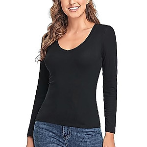 CARCOS Women's Casual Tops Sexy V Neck Long Sleeve Pullover Underwear Tee Slim Fit Basic Shirts Black L