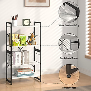 Azheruol 4 Tiers Bookshelf Adjustable White Faux Marble Organizer, Modern Small Bookcase for Small Space,Industrial Wooden Storage Display Rack and Storage Organizer for Living Room Home Office