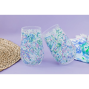 Lilly Pulitzer Stemless Wine Glass Set of 2, Large Acrylic Wine Glasses, 22 Ounce Plastic Cocktail Cups for Indoor/Outdoor, Soleil It On Me