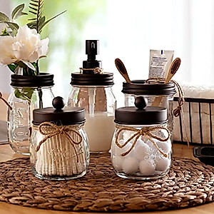 Mason Jar Bathroom Accessories Set(4 Pcs) -Lotion Soap Dispenser & 2 Cotton Swab Holder &Toothbrush Holder-Rustic Farmhouse Decor,Countertop Vanity Organize，Bathroom Home Decor (Bronze)
