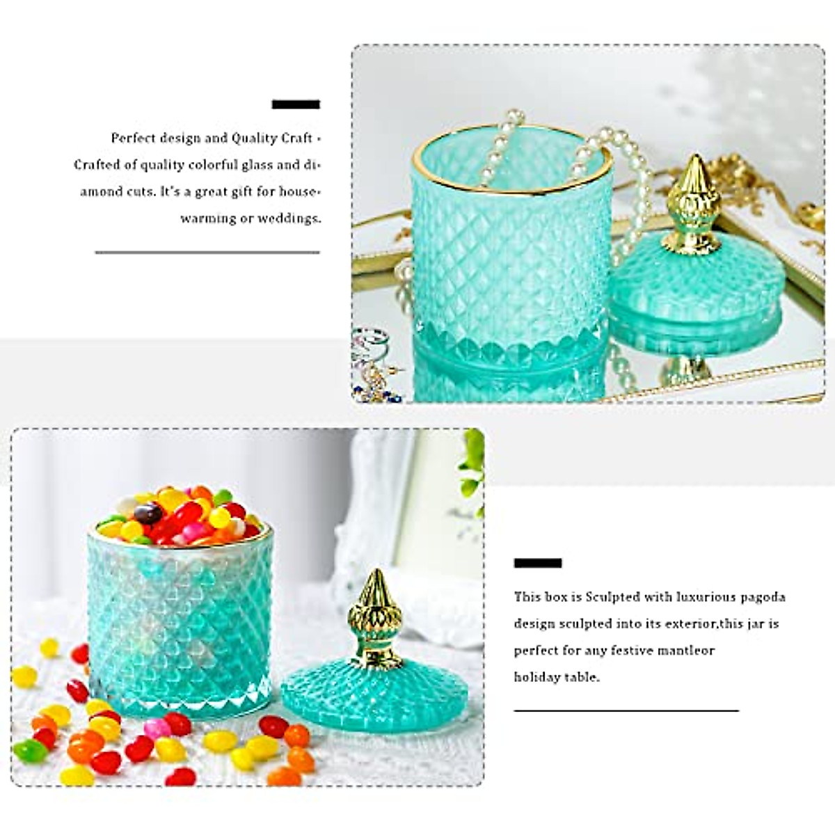 Blue Glass Jewelry Box with Lid,Crystal Candy Jar,Glass Wedding Candy Buffet Jar,Crystal Apothecary Jars with Lid,Glass Container Gift for Women