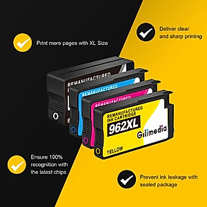 GILIMEDIA Remanufactured 962XL Ink Cartridges | Replacement for HP Ink 962 Work for OfficeJet Pro 9015 9015e 9025 9025e 9010 9012 9020 9018 9019 9028 Printer, 4-Pack(Black Cyan Magenta Yellow)