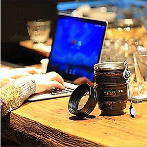 POXIWIN Camera Lens Coffee Mug,Comes with a Musical Note Spoon,Novelty Stainless Steel Camera Lens Mugs for Music Lover Photographer Filmmaker