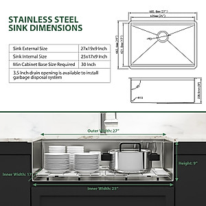Couoko 27 inch Undermount Workstation Kitchen Sink 27x19 Stainless Steel 16 Gauge Undermount Sink Deep Single Bowl Handmade Under Counter workstation Sink Basin with Cutting Board